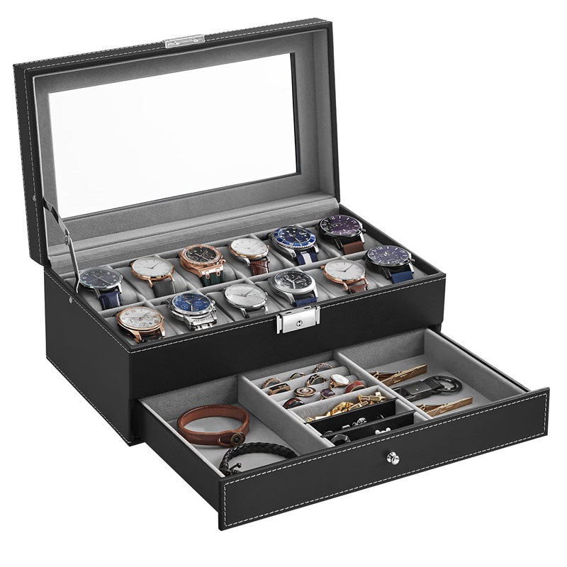 Elegant Jewelry Box Watch and Jewelry Display Box 2-Layer Glass Cover ...