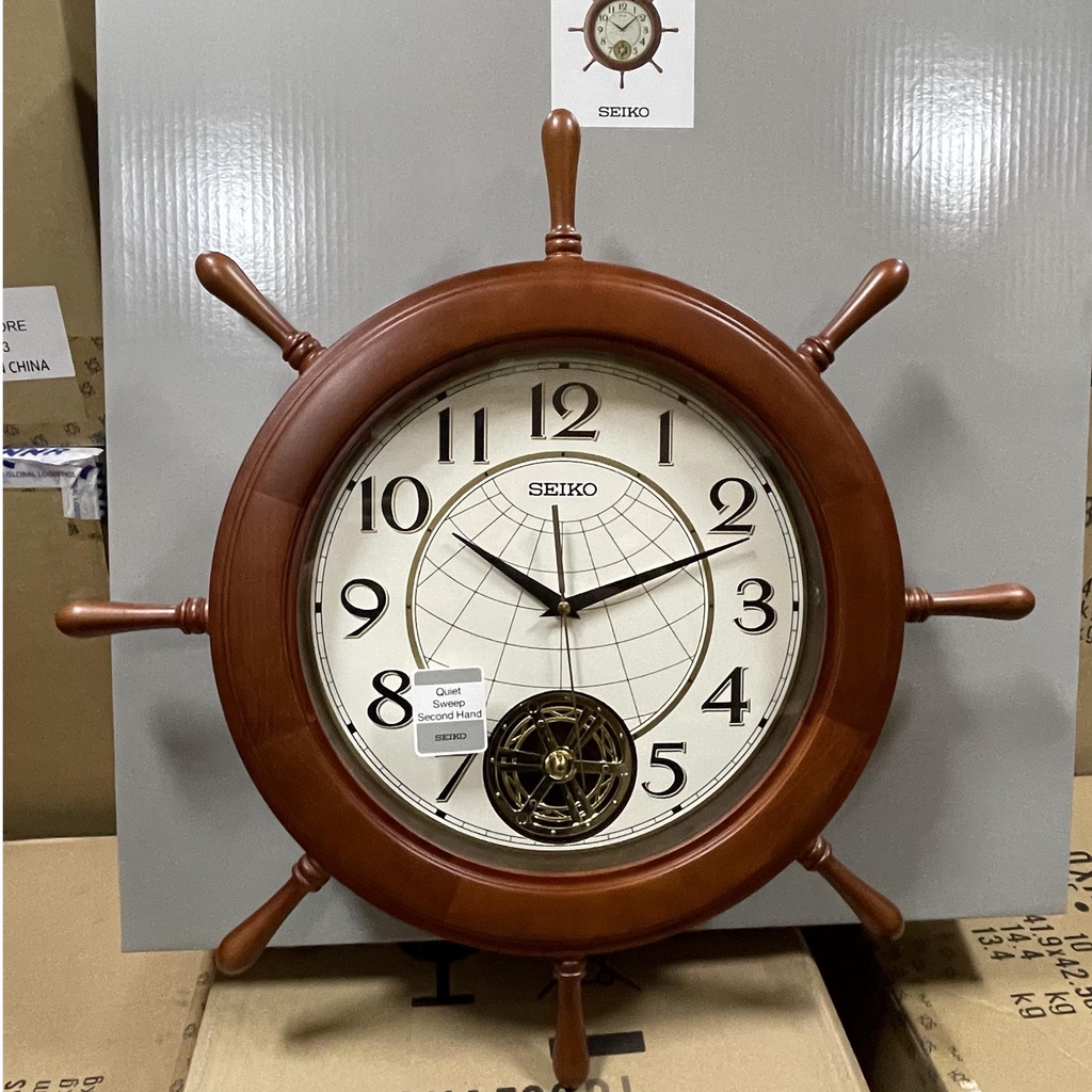 Seiko Clock QXC242B Maritime Ship Wheel Design Wooden Case Rotating ...