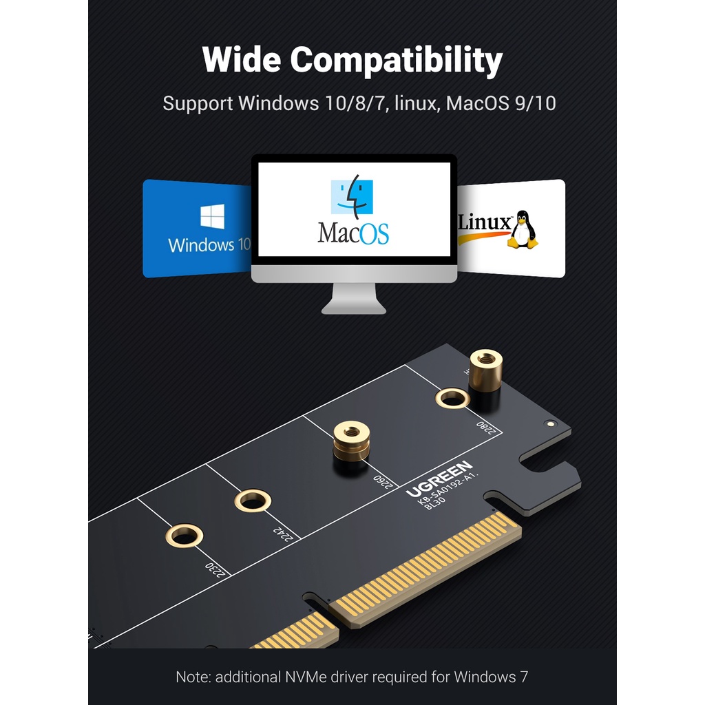 UGREEN NVMe PCIe Adapter, M.2 SSD to PCIe 4.0 X16/X8/X4 Card with Heat ...