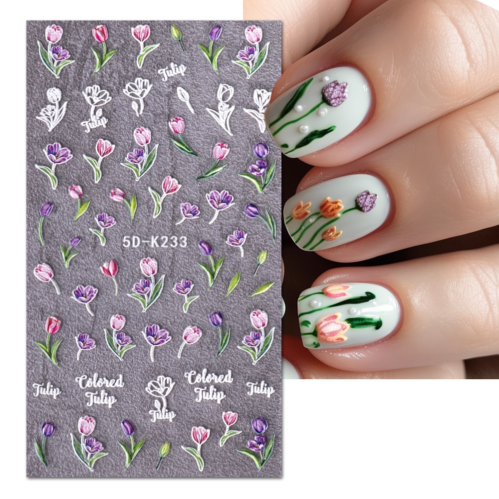 HAMA NAILS 5D Embossed Nail Art Sticker Spring Summer Flowers Tulip ...