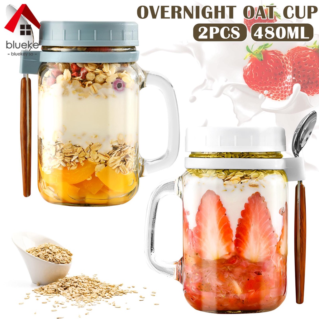 2Pcs 16oz Overnight Oats Container Airtight Glass Oatmeal Jars with Lid and Spoon Portable ...