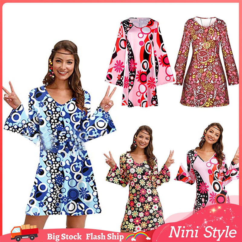 60s 70s Retro Hippie Dress for Women Flower Disco Party Carnival ...