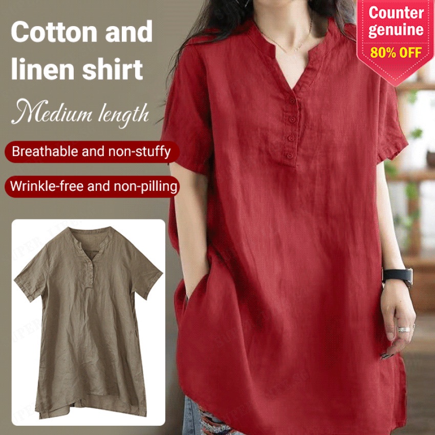 Loose and thin medium-length cotton linen tops | Shopee Singapore