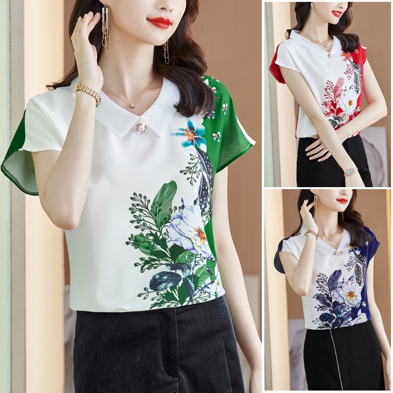 Niche Chic Flower Printed Blouses Fit All Styles Short-Sleeved Female ...