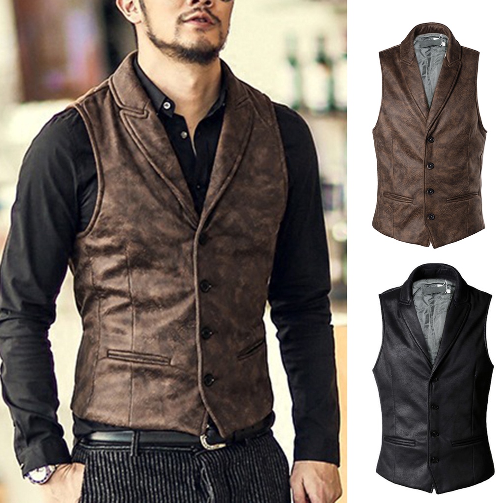 COD-Men Vest Single-breasted Solid Color Faux Suede Lapel Turndown ...