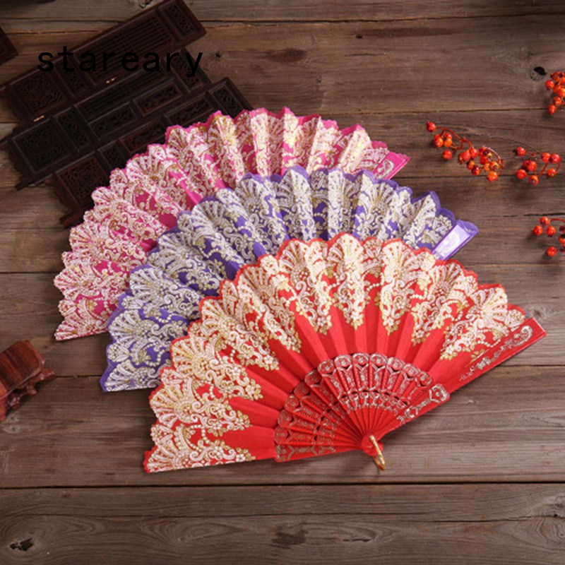 SY Retro Folding Hand Fan Plastic Gold Powder Craft Fan White Wedding ...
