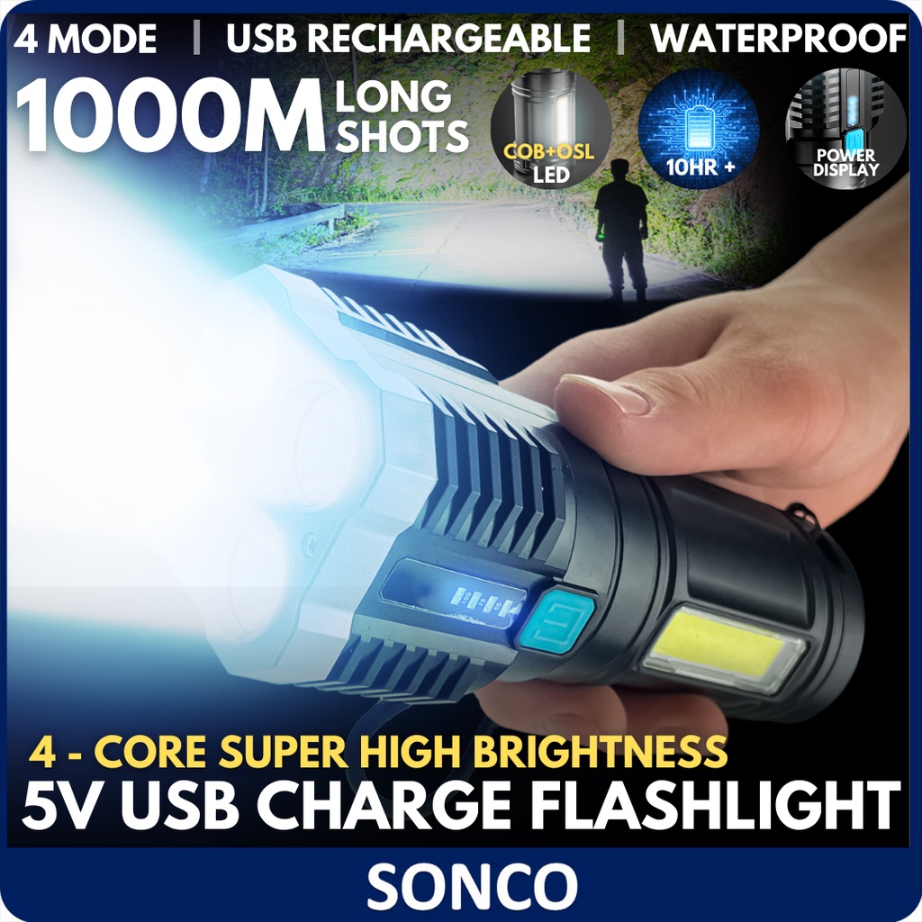Super Bright USB Flashlight 4-Core 4Modes Torch light LED Light ...