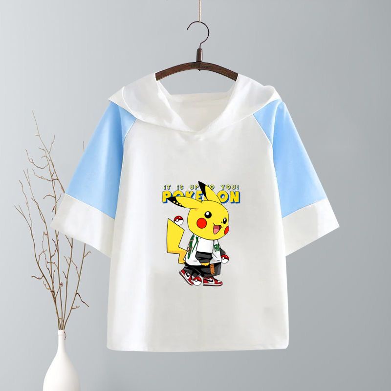 100% Cotton Children Short-Sleeved Hooded T-Shirt Pokémon Pikachu ...