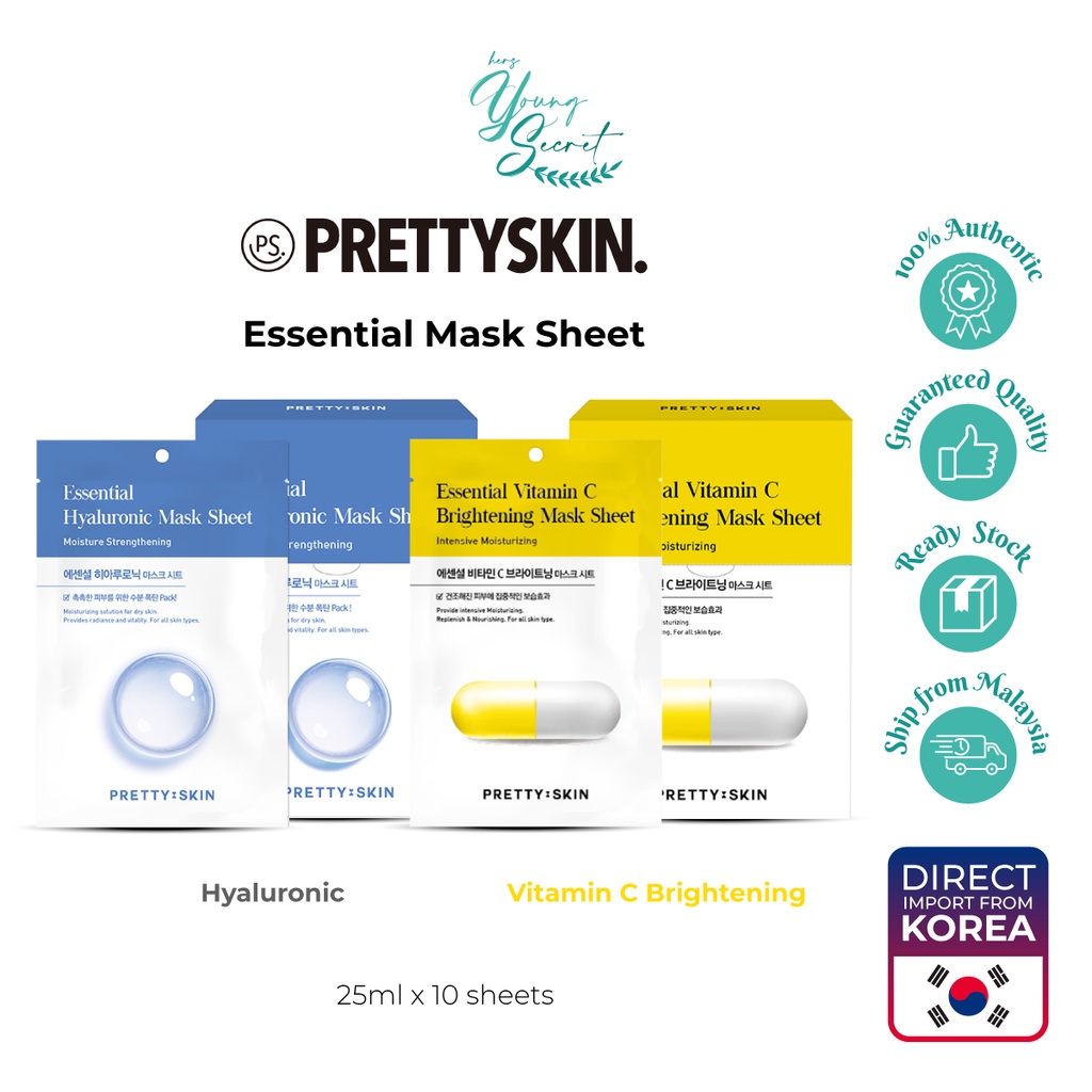 PRETTYSKIN Essential Hyaluronic Mask Sheet / Vitamin C Brightening Mask ...
