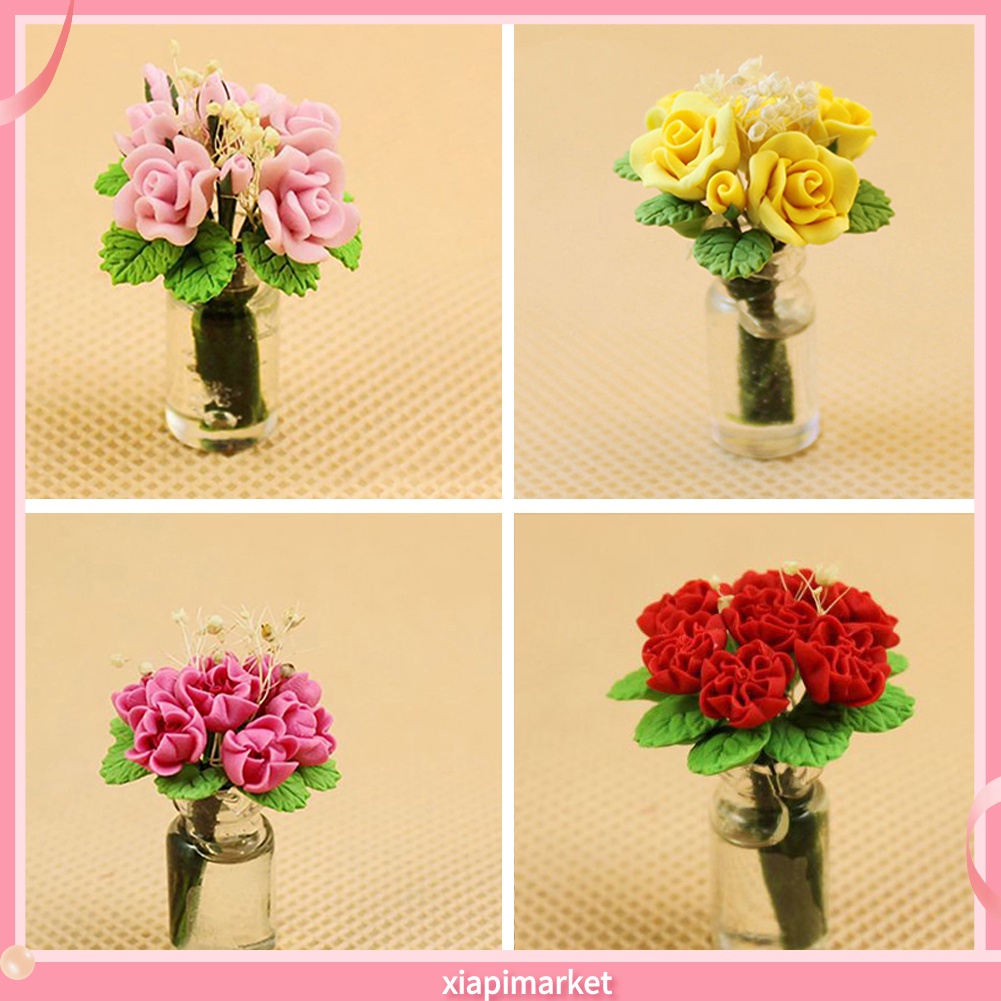 XP_1/12 Scale Dollhouse Miniature Rose Flower in Glass Vase Room Table ...