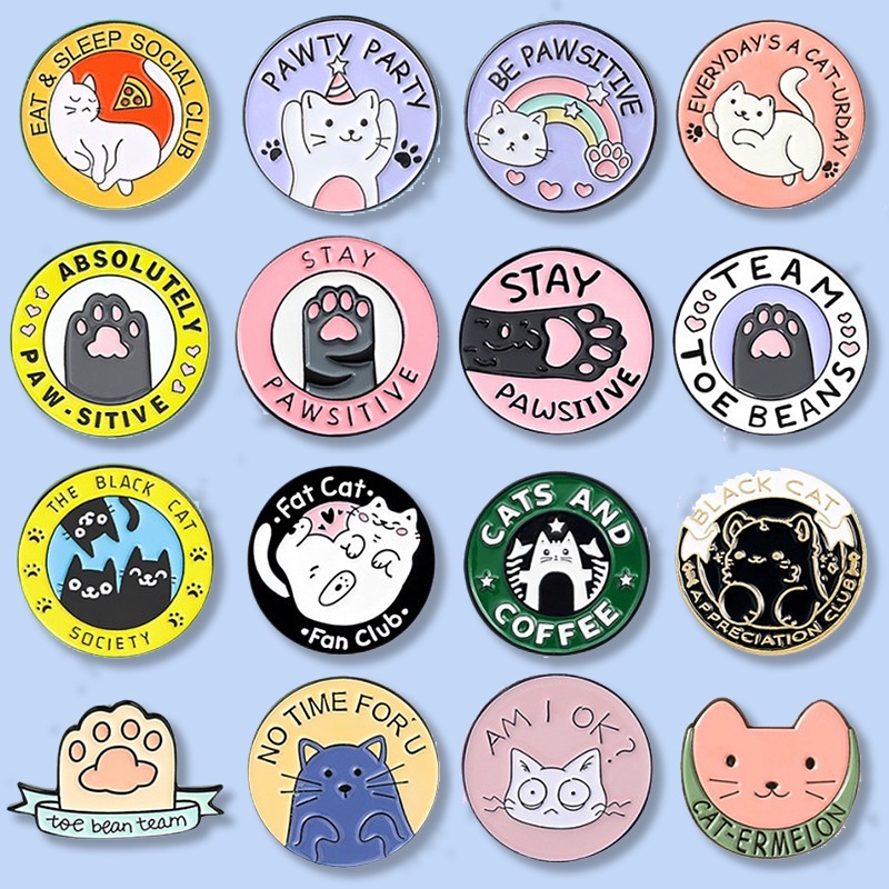 21 Styles Cute Cat Lapel Brooch Text Cat Paw Enamel Pin Cartoon ...