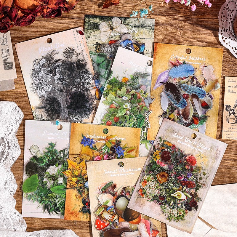 60 Pcs Nature Themed Transparent Stickers Flora Plants Decorative ...