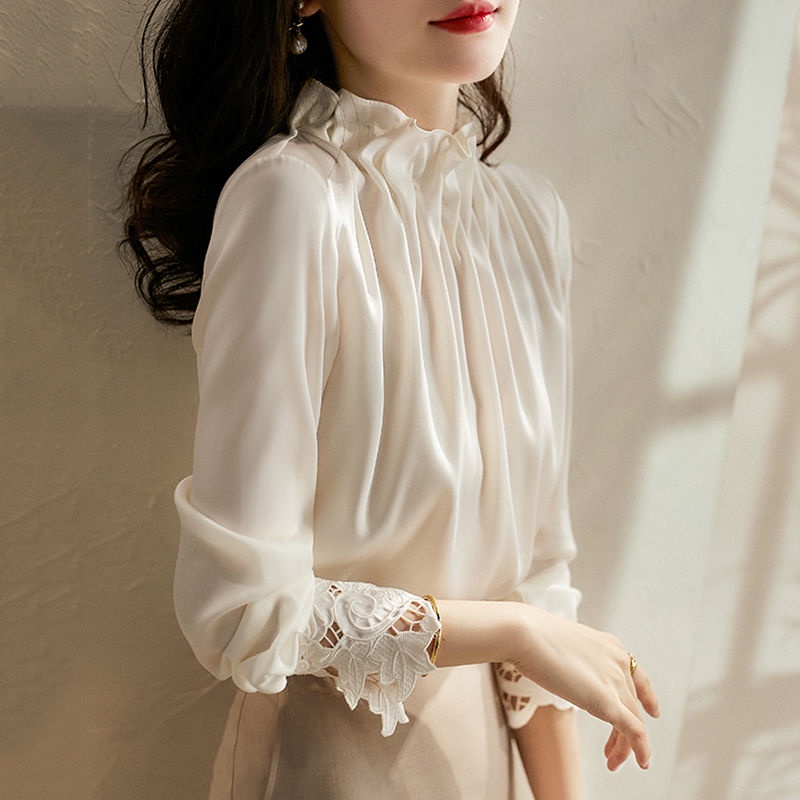 Korean Style Ruffled Collar White Chiffon Shirt Women Office Wear ...