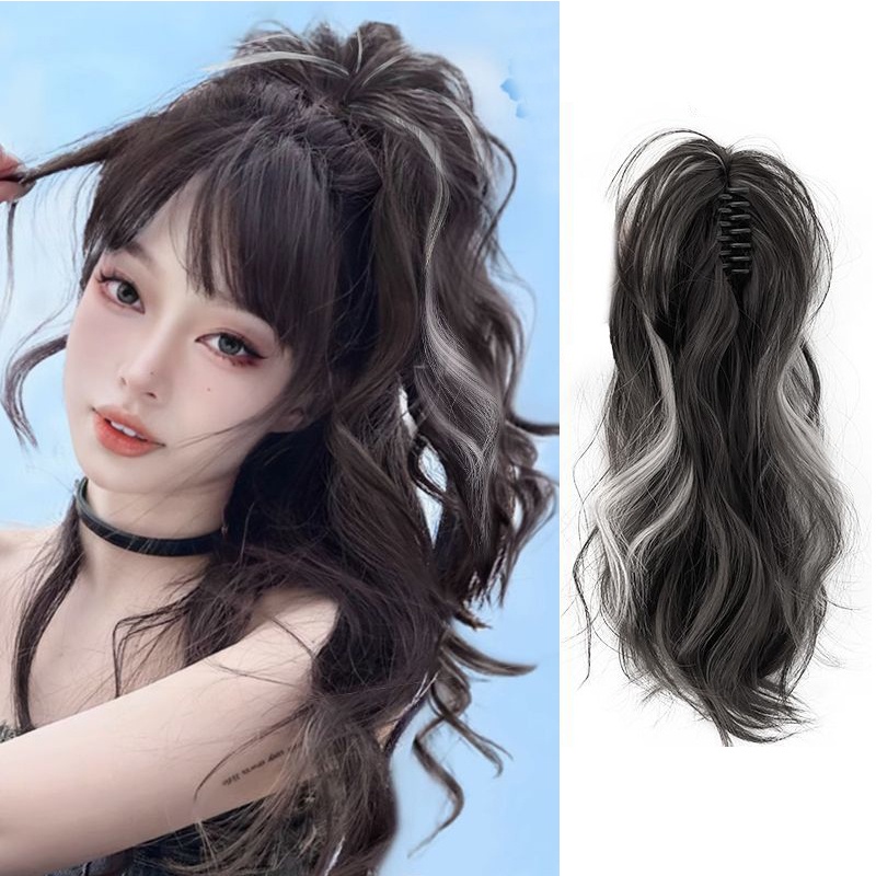 Claw Clip High Ponytail Wig Black with Pink/gray Dyed Curly Hair and ...