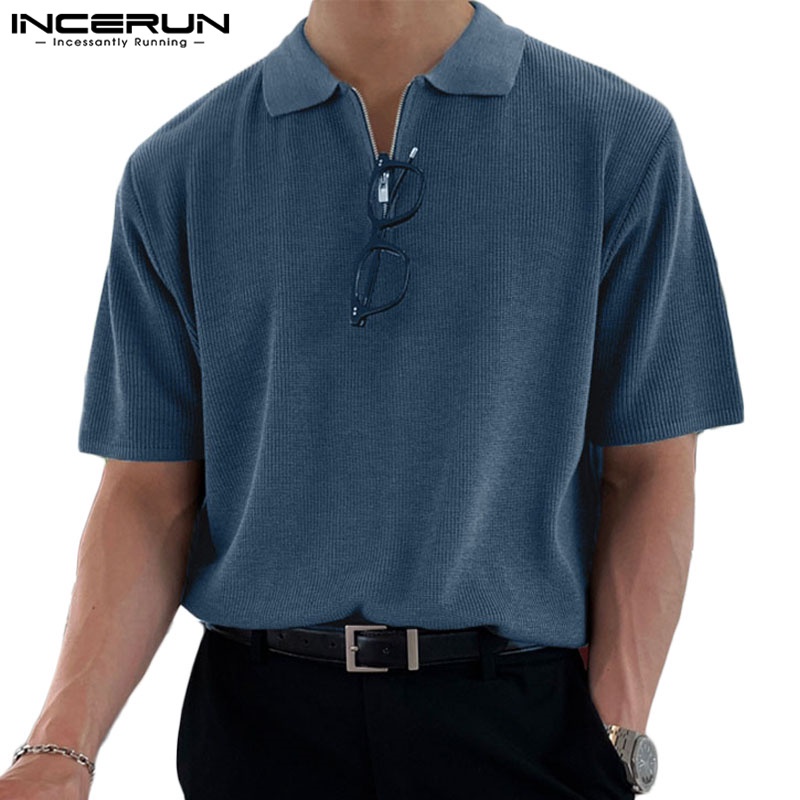 INCERUN Knitted pit zipper lapel top POLO Shirts | Shopee Singapore