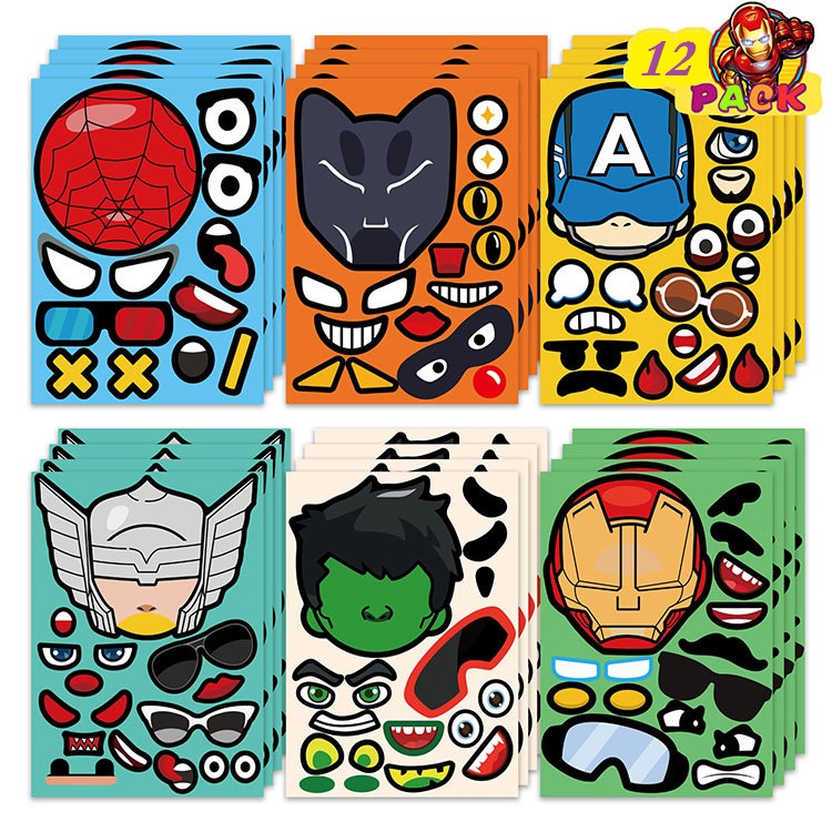 12pcs/Lot Super Hero DIY Puzzle Stickers Make Face Funny Cartoon Decals ...