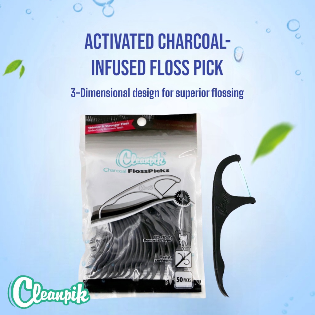 CleanPik Activated Charcoal Floss Pick 50pcs - Disposable Dental floss ...