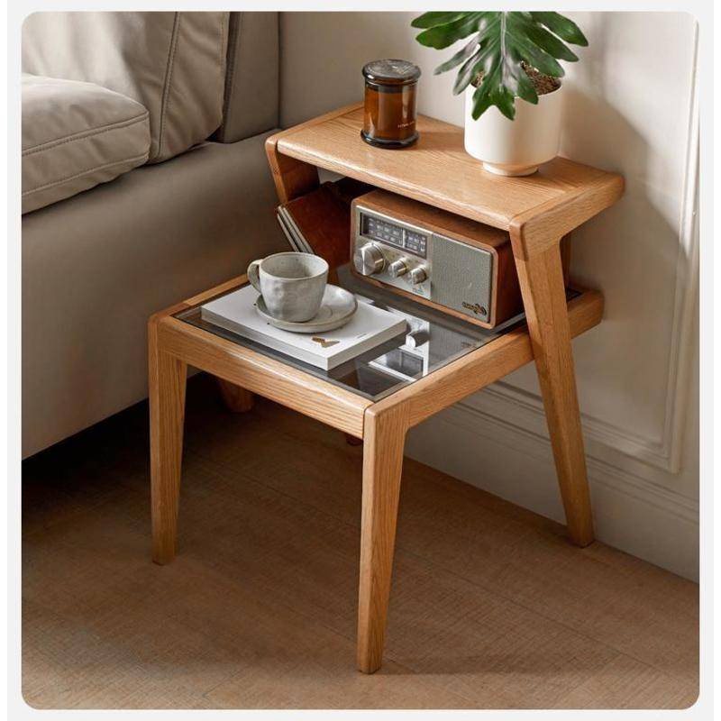Solid wood bedside table, Japanese style side table, glass storage ...