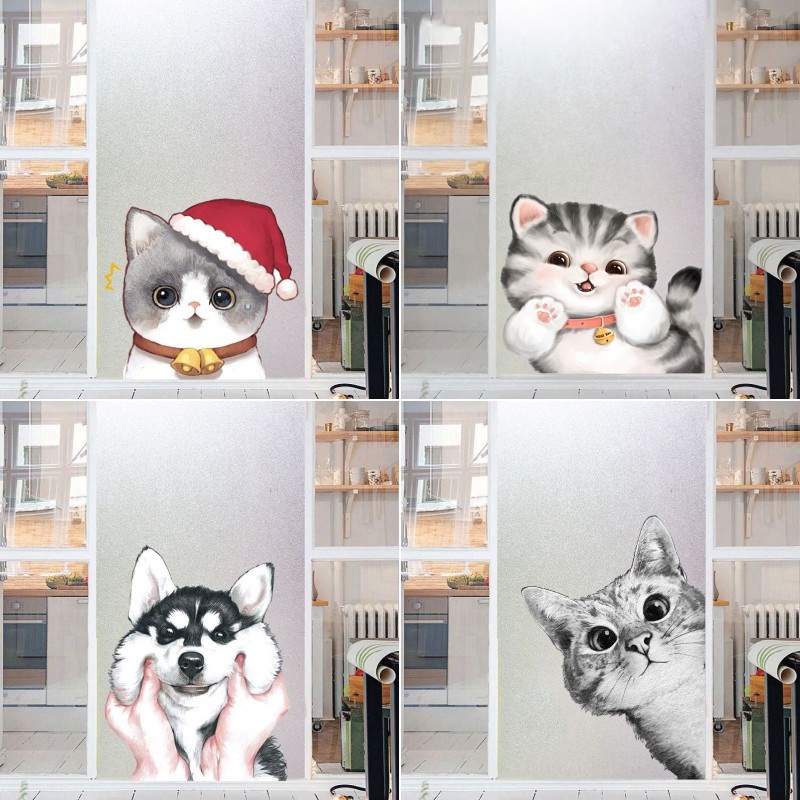 Cartoon Cat and Dog Static Glass Stickers Frosted Kitchen Living Room ...
