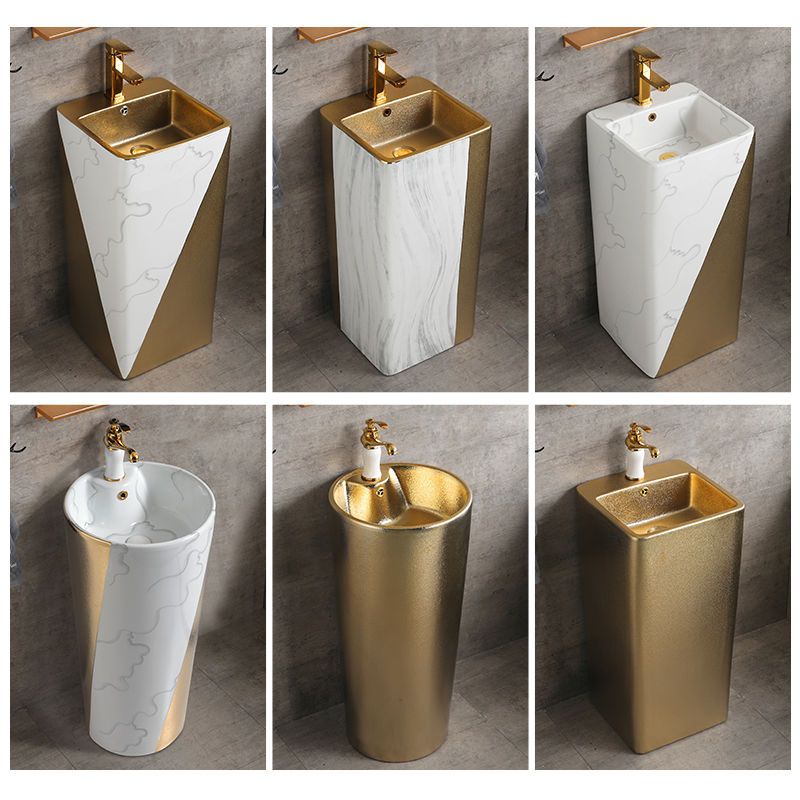 Matte Gold Ceramic Basin Pedestal Basin Integrated Floor Pedestal Basin ...