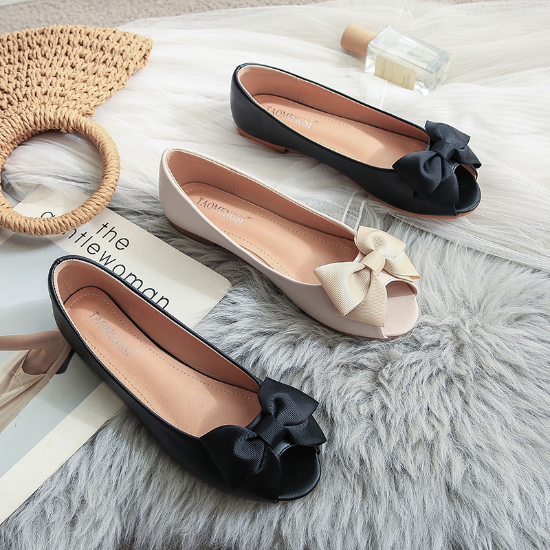 New soft leather fish mouth-shaped open toe bow flat women's shoes size ...