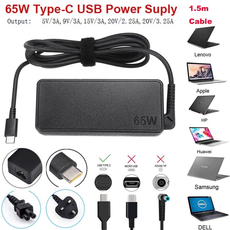 65W USB-C PD Type-C AC Adapter Laptop Charger Universal Power Cable ...
