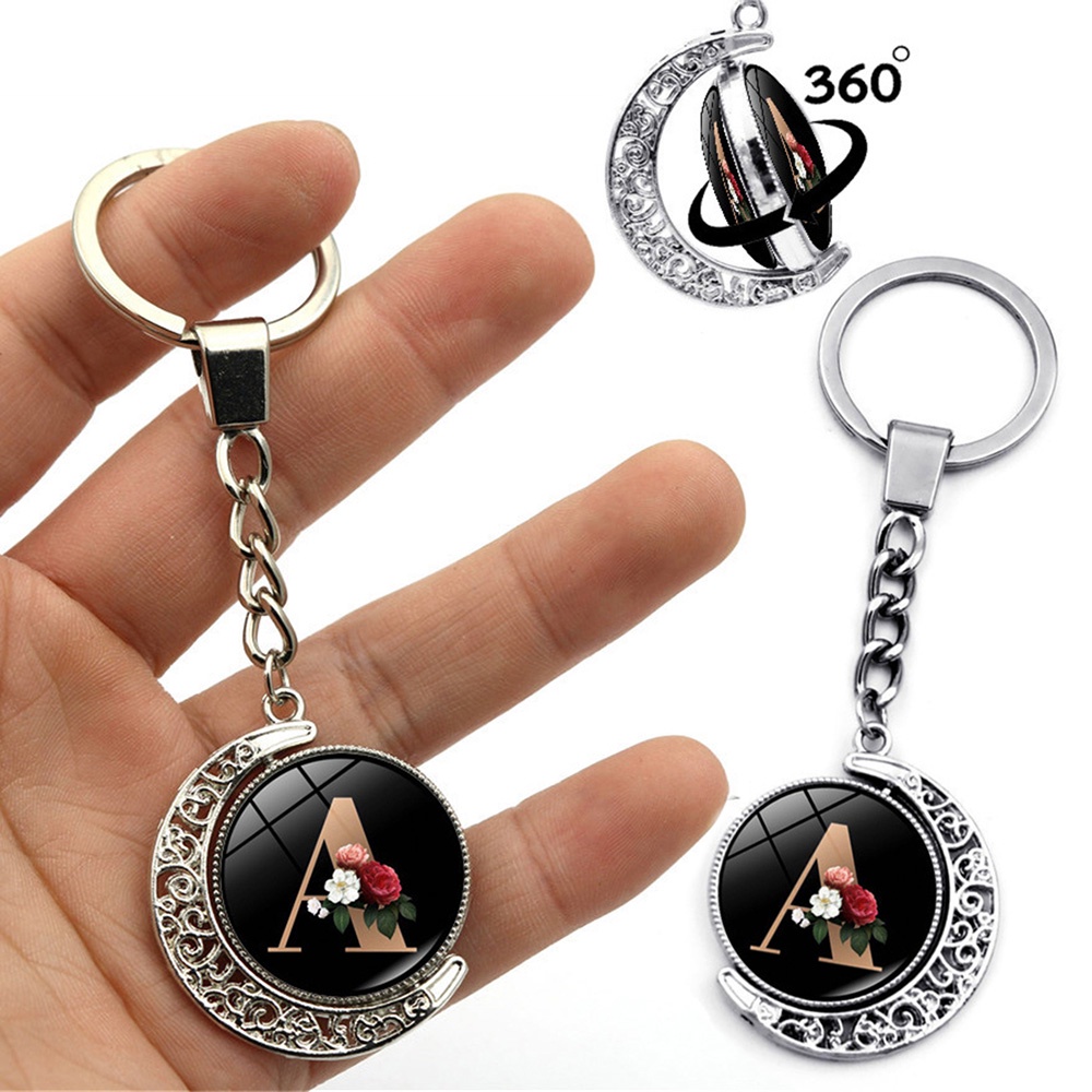 1PC Exquisite 26 Letter Glass Keychains Double Sides Moon Flower A-Z ...