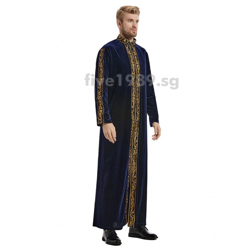 New Muslim Men's Gold Velvet Embroidered Robe Men Thobe Thawb Caftan ...