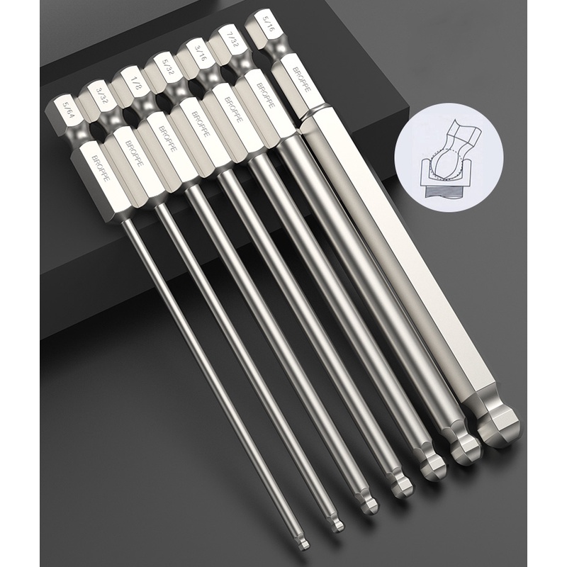 7Pcs Ball End SAE Hexagon Key Screwdriver Bits 5/64 - 5/16", 100mm ...
