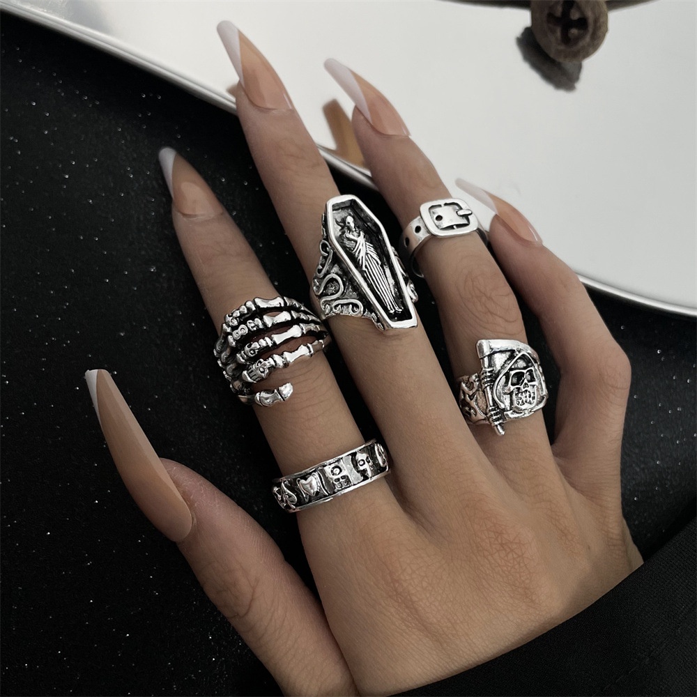 5pcs/set Retro Punk Fashion Reaper Sickle Rings Set for Men Gothic Skeleton Hand Skull Ring ...
