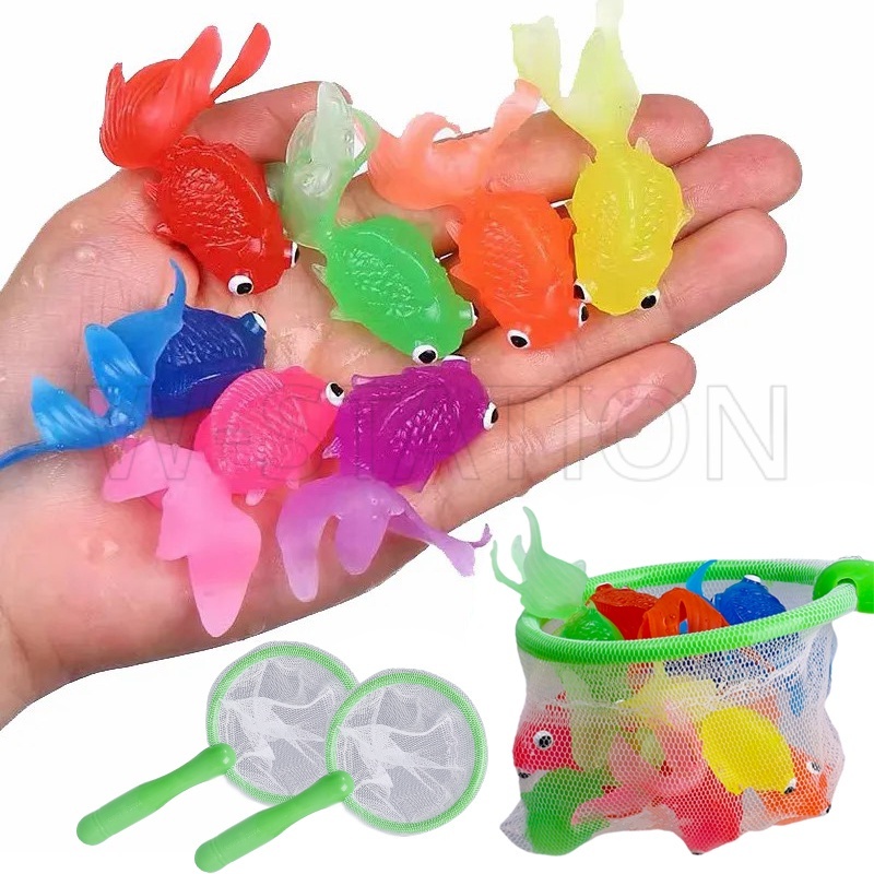1 Set Simulation Soft Rubber Goldfish with Net / Toddlers Bathing ...