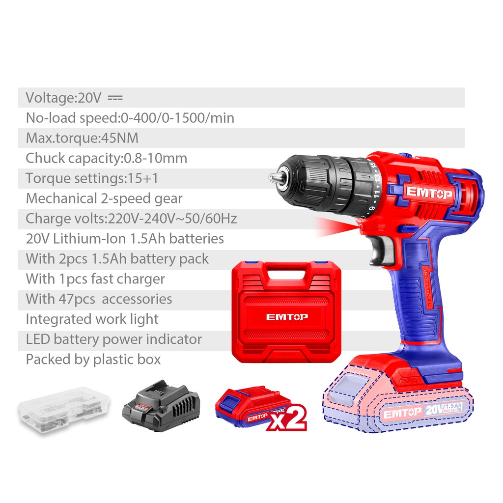 EMTOP ECDL620012 20V Lithium-ion Variable Speed Cordless Drill With 2 1 ...