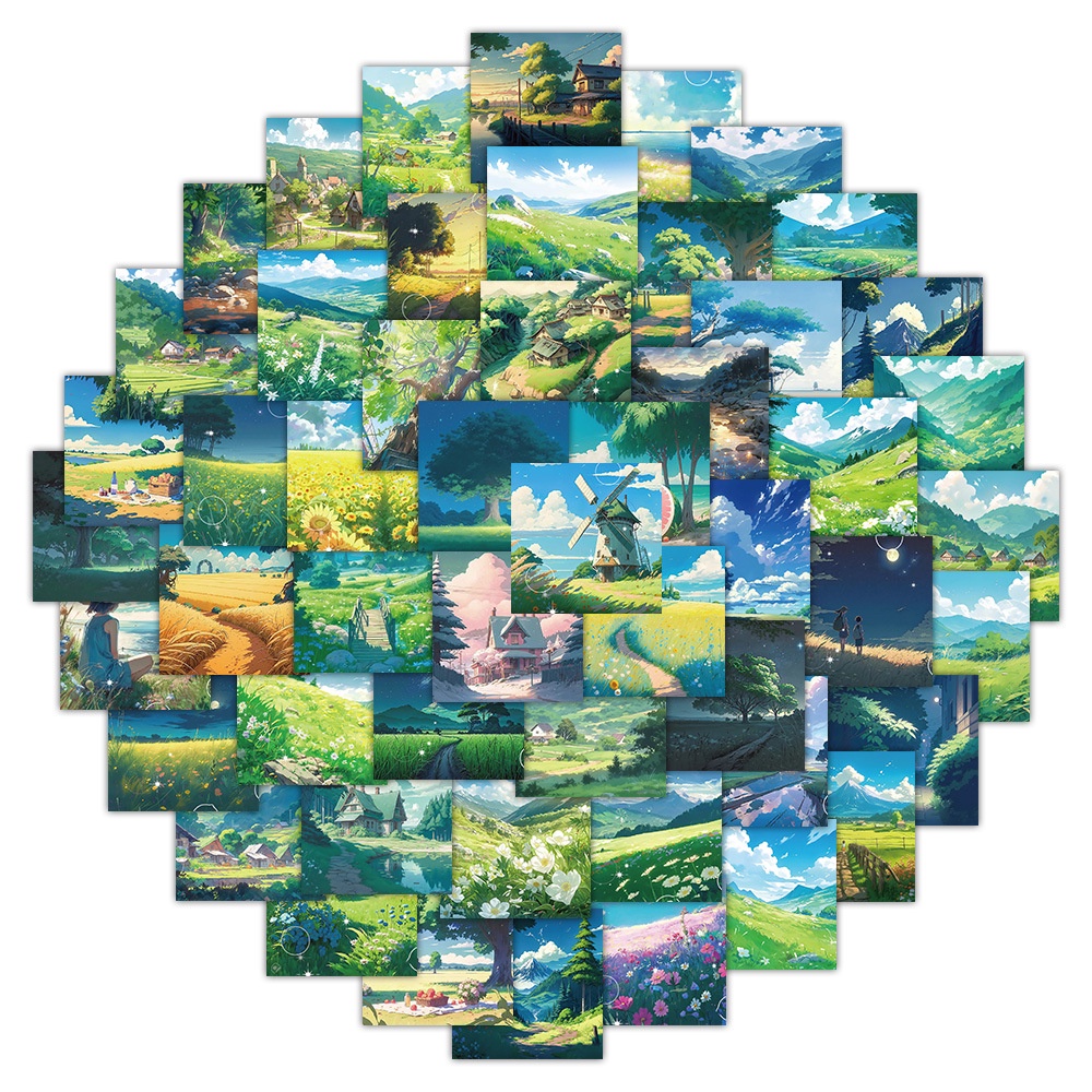 63PCS Anime Aesthetics Illustrated Rural Landscape Stickers For Luggage ...