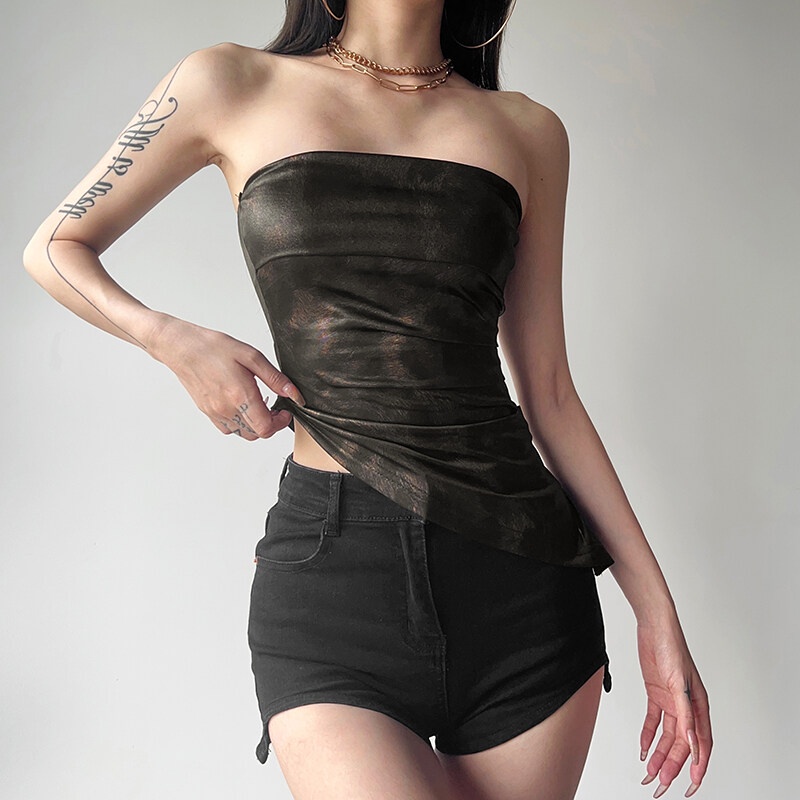 Kliou Vintage Simple Irregular Design Sexy Strapless Tube Tops PU ...