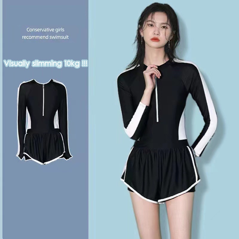 Women's One Piece Swimming Costume Long Sleeve Sun Protection ...