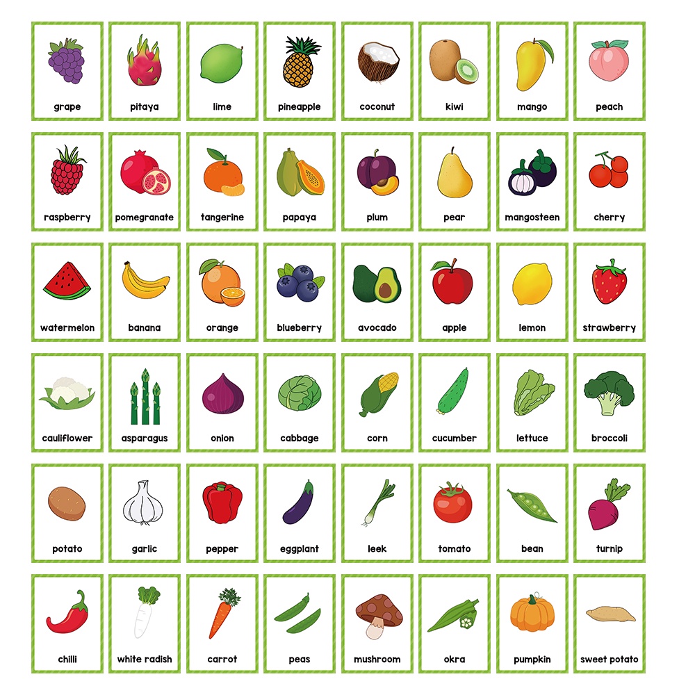 25Pcs Fruits Vegetables Flash Cards for Kids Baby Learning Vocabulary ...