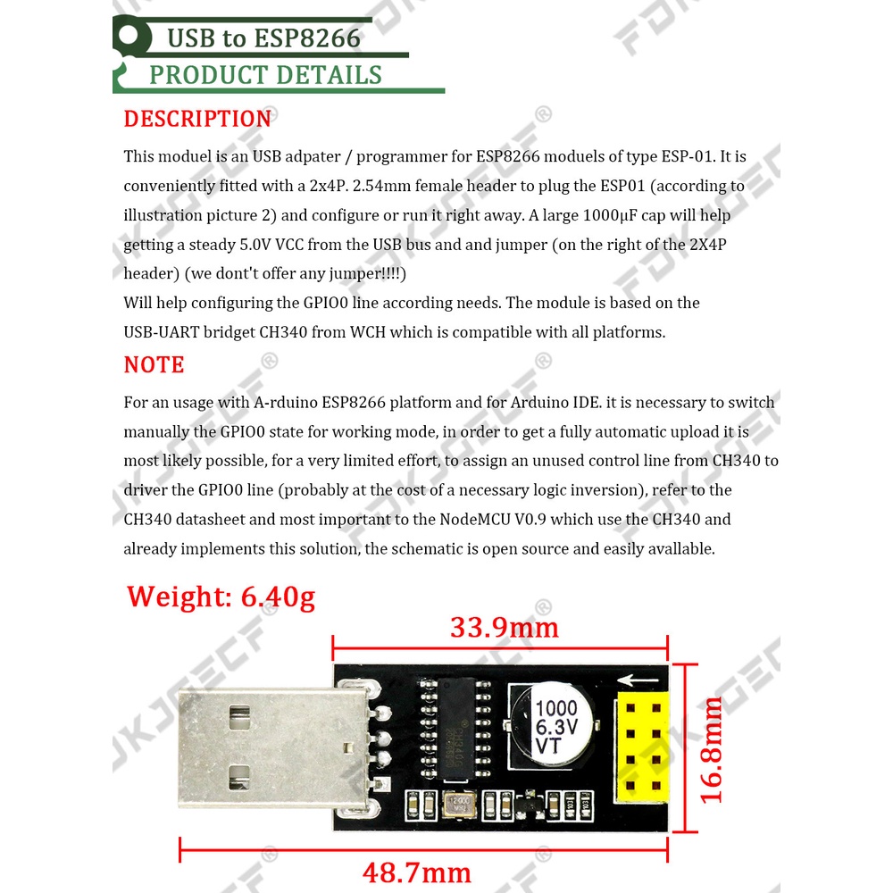 ESP01 Programmer Adapter UART GPIO0 ESP-01 Adaptater ESP8266 CH340G USB ...