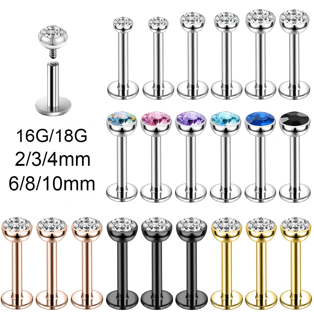 10-12Pcs 18G/16G Color Crystal Labret Piercing Stainless Steel Lip Stud ...