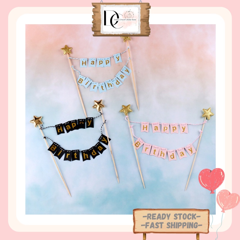 Happy Birthday Star Banner Flag Cake Topper Banner Happy Birthday Cake ...