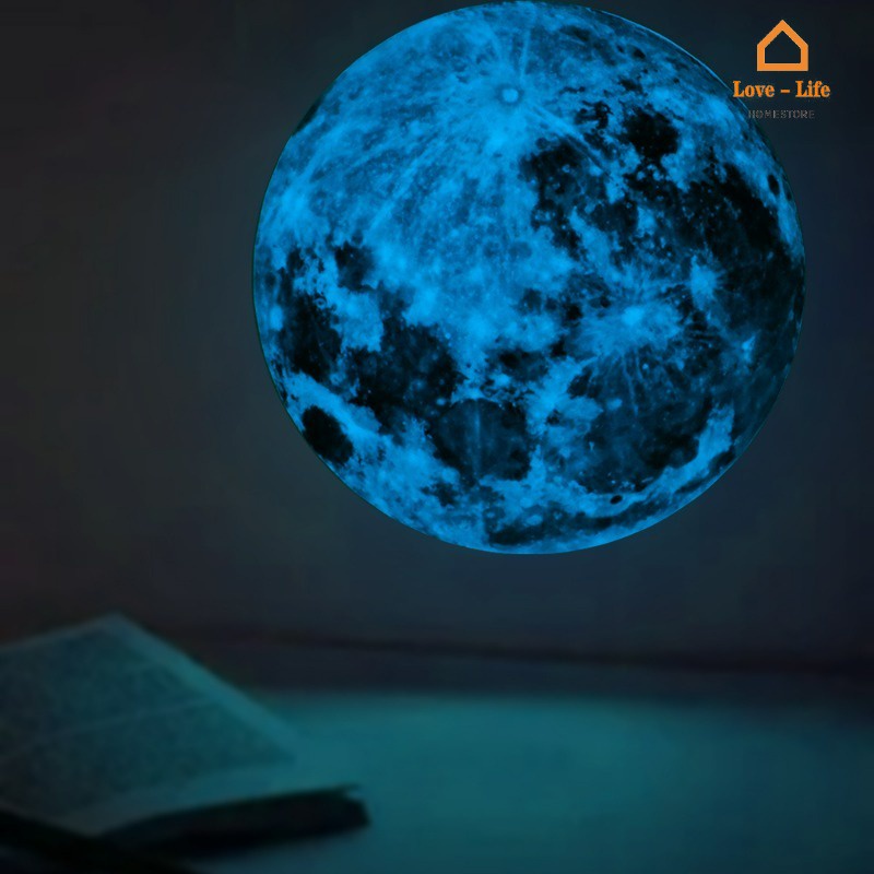 3D Aesthetic Luminous Blue Moon Wall Decal/ DIY Removable Fluorescent ...