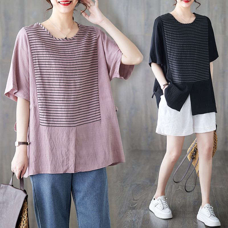Summer New Style Cotton Linen Striped T-Shirt Women Fashion Striped Top ...