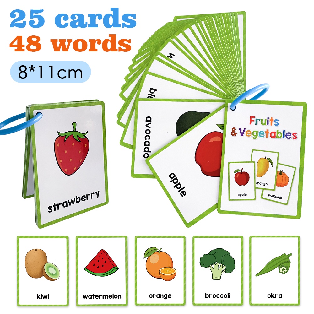 25Pcs Fruits Vegetables Flash Cards for Kids Baby Learning Vocabulary ...