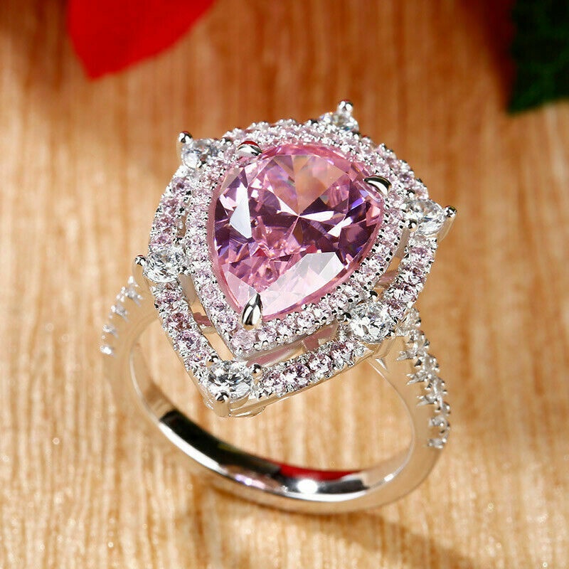 Light Luxury Drop-Shaped Micro-Inlaid Full Diamond Ring Sweet Pink Pear ...