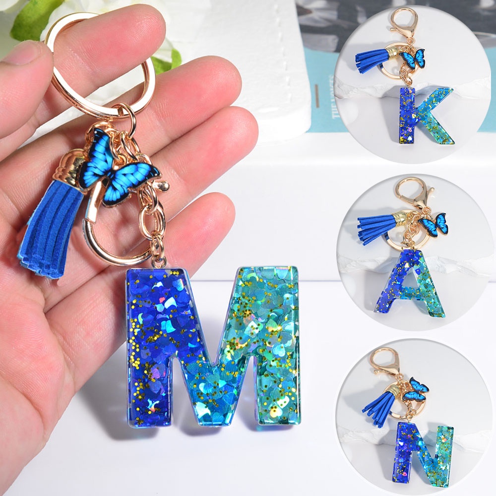 Gradient Blue 26 Letter Resin Keychain With Butterfly Pendant Fashion ...