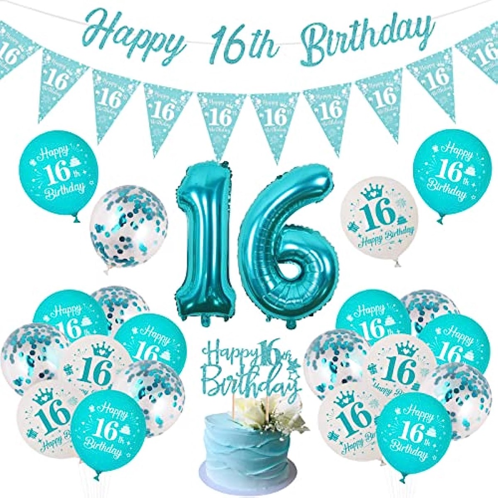 FANGLELAND Teal 16th Birthday Decor Turquoise Happy 16th Birthday ...