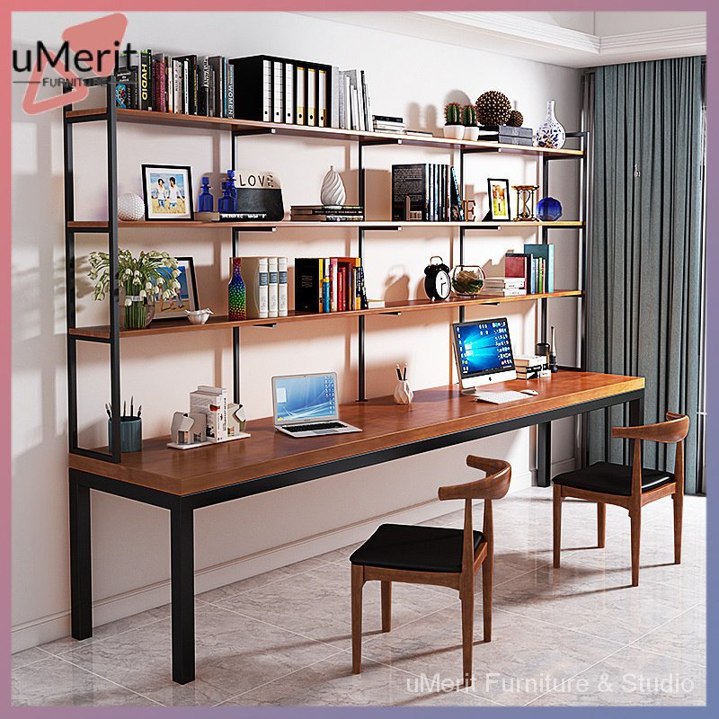 Iron Solid Wood Desk Bookshelf Combination Home Bedroom Integrated Desk ...