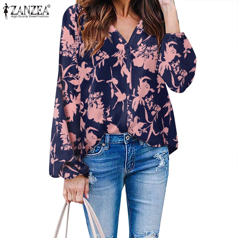 ZANZEA Women's Fashion Holiday V-Neck Long Sleeve Printed Blouse Top ...