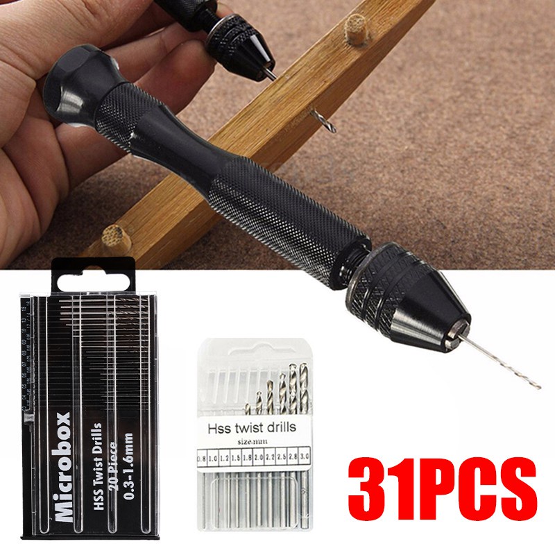 31Pcs Mini Micro Hand Drill Bits Set Rotary Small Manual Keyless Chuck ...