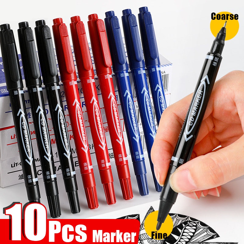 10Pcs Twin Tip Permanent Marker Black/Blue/Red Oil Marker Pen Fine Nid ...