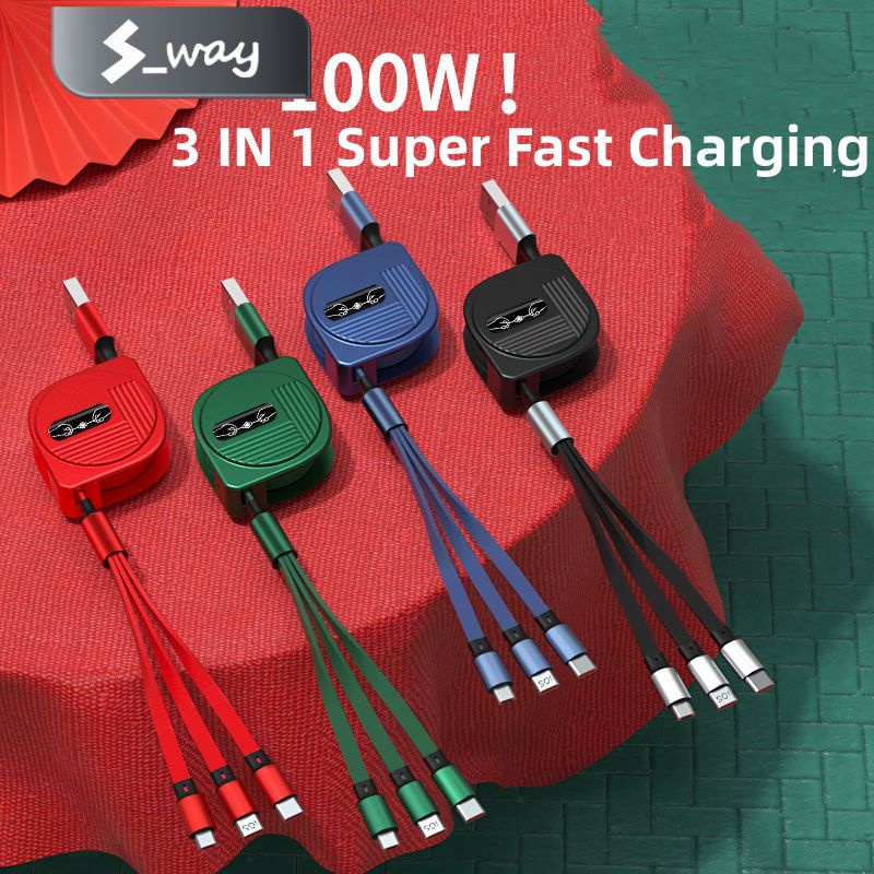 100W 3-in-1 Super Fast Charging Data Line Retractable Automatic Storage ...